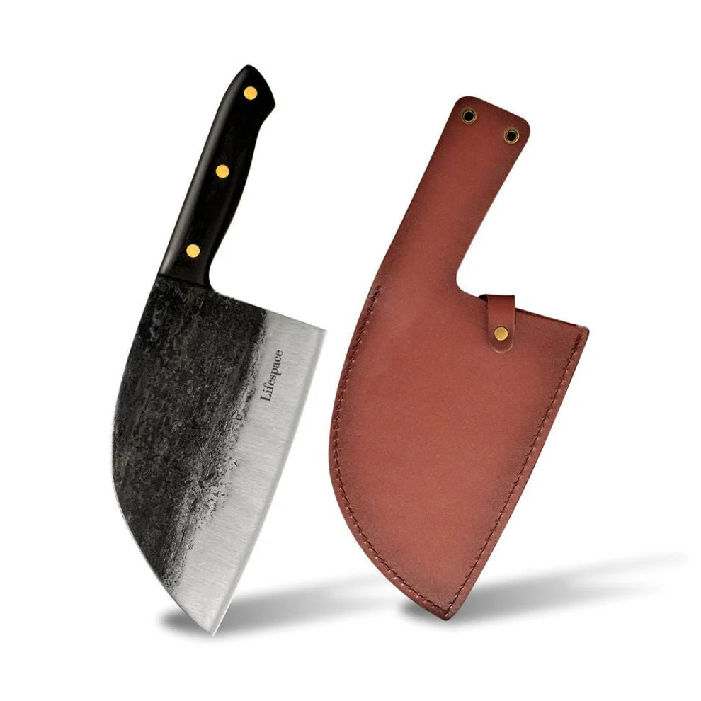 Lifespace Hammer Forged Full Tang Butcher Cleaver with Leather Sheath ...